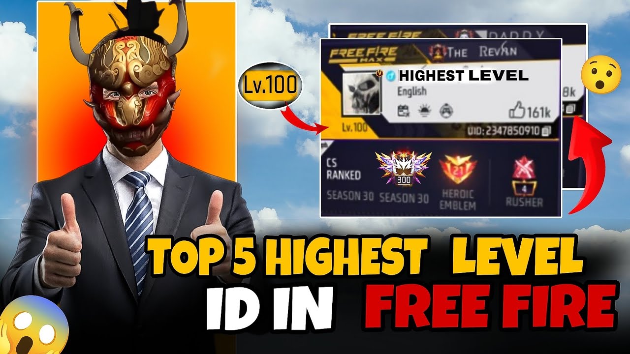 Top 5 [ 100+ ] Level Players I'd in Free fire || World Highest Level I ...