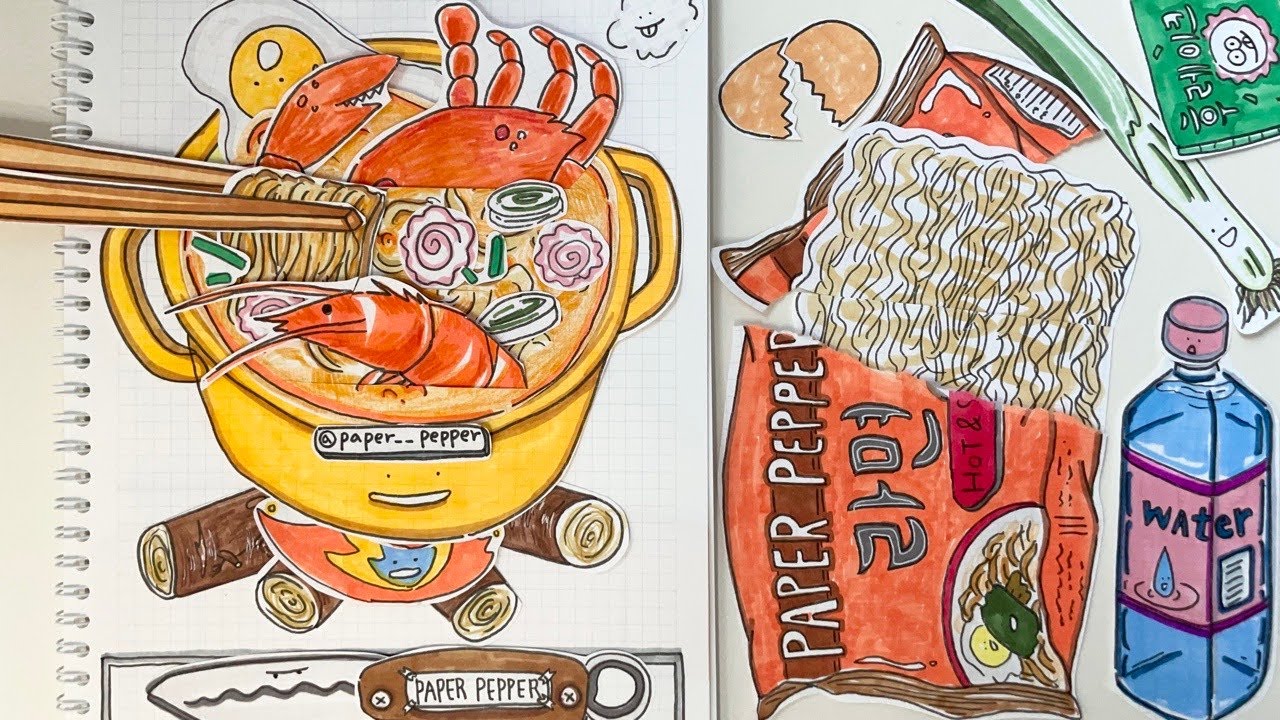 [🚀paper diy] Seafood ramen🍜 해물 라면 ASMR 🔇No music 종이놀이 paper pepper ...