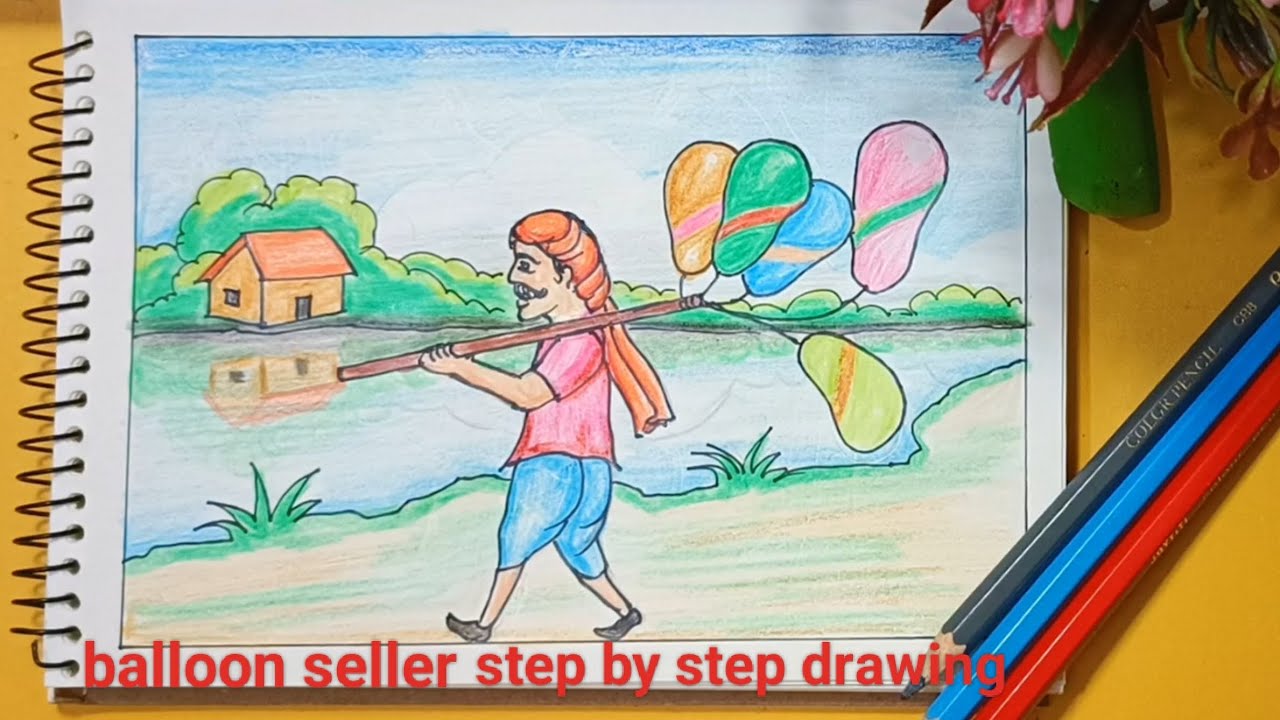 how to draw a balloon seller | easy step by step drawing tutorial ...