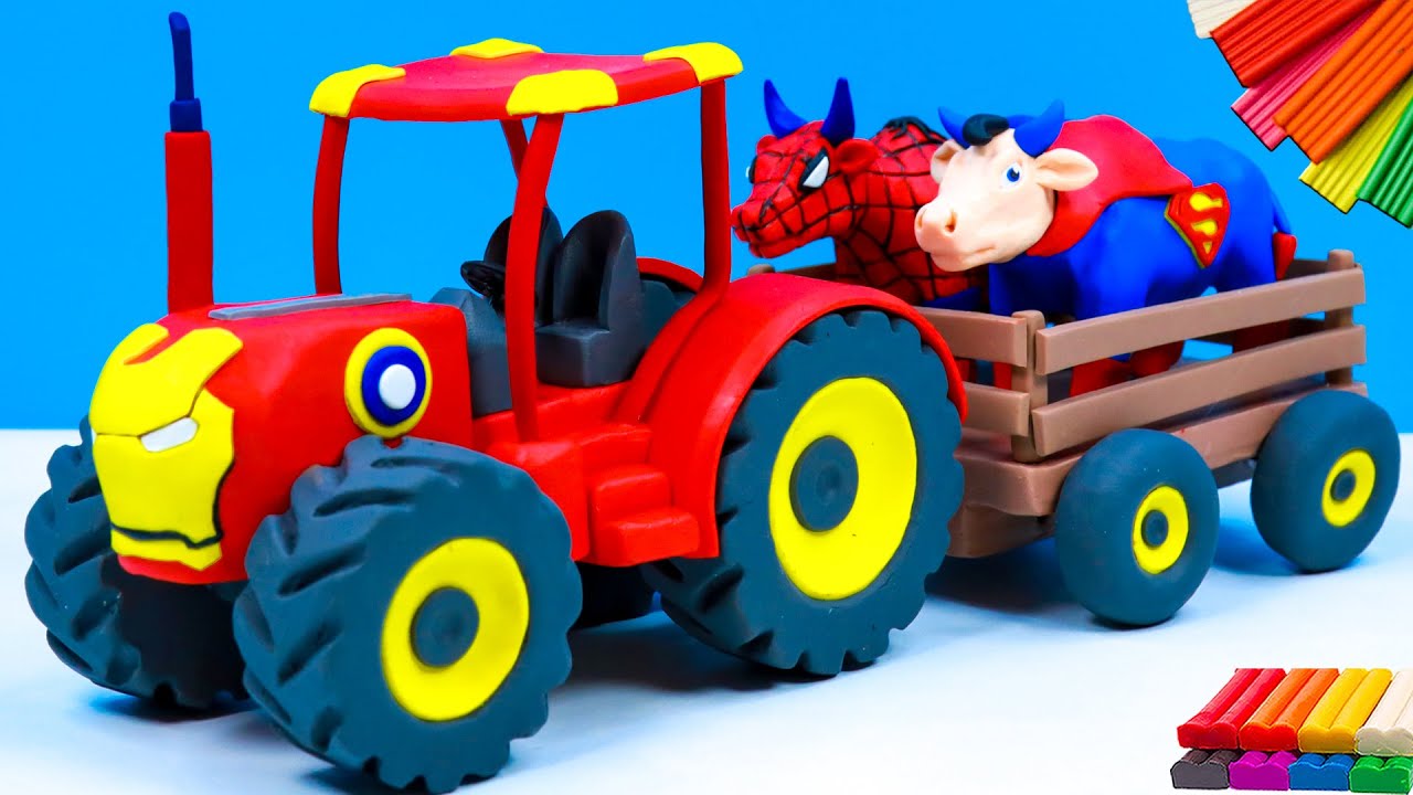 DIY Mini tractor Iron Man and cow mixed Spider man, Superman with clay ...