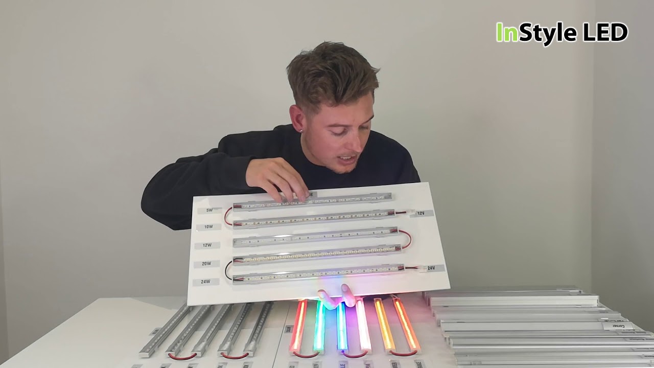 LED strip light sample board - including colours, brightness (wattages ...