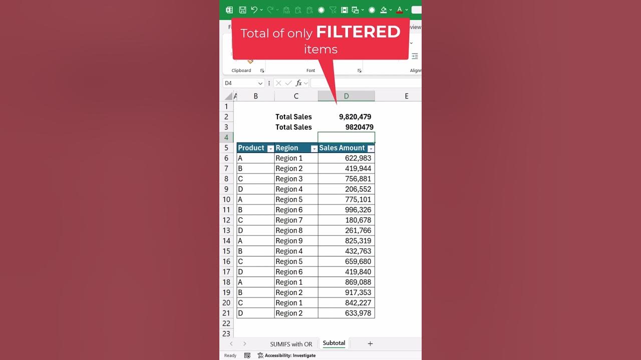 Total value changes based on filtered records #shorts #shortvideo #youtubeshorts #excel # ...
