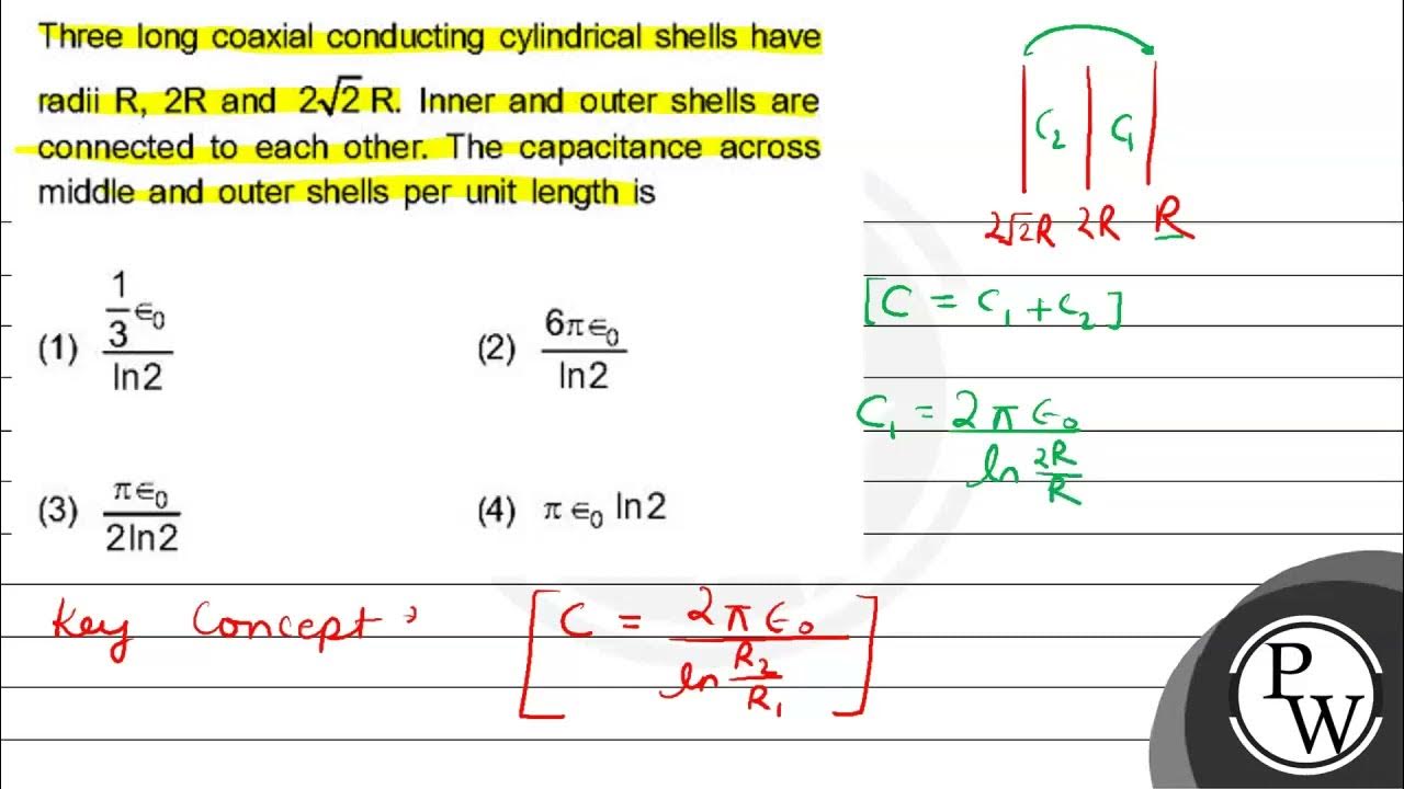 Three long coaxial conducting cylindrical shells have radii \( R, 2 R ...