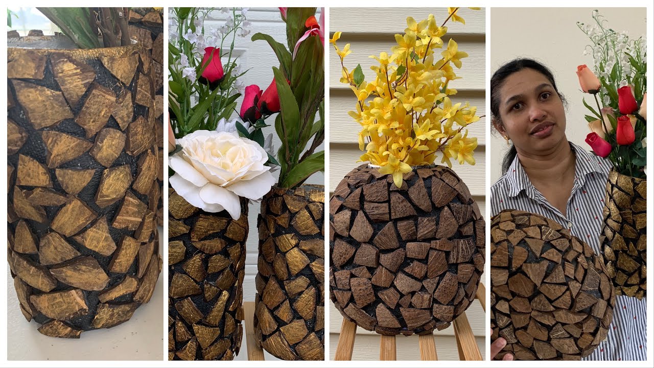 DIY COCONUT SHELL FLOWER VASE | COCONUT SHELL CRAFT IDEAS | COCONUT ...