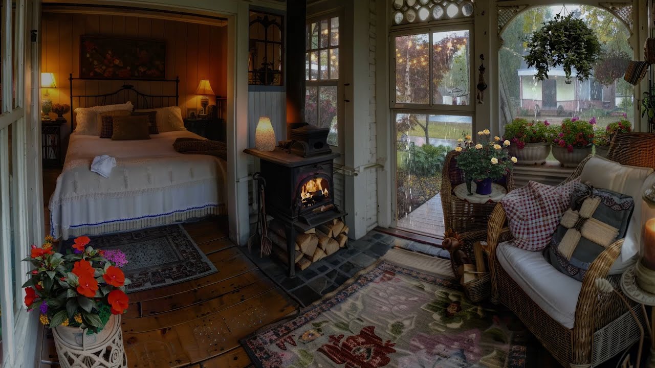 🔴Gentle Rain and Cozy Fireplacefire丨Calming Cabin Ambiance for ...