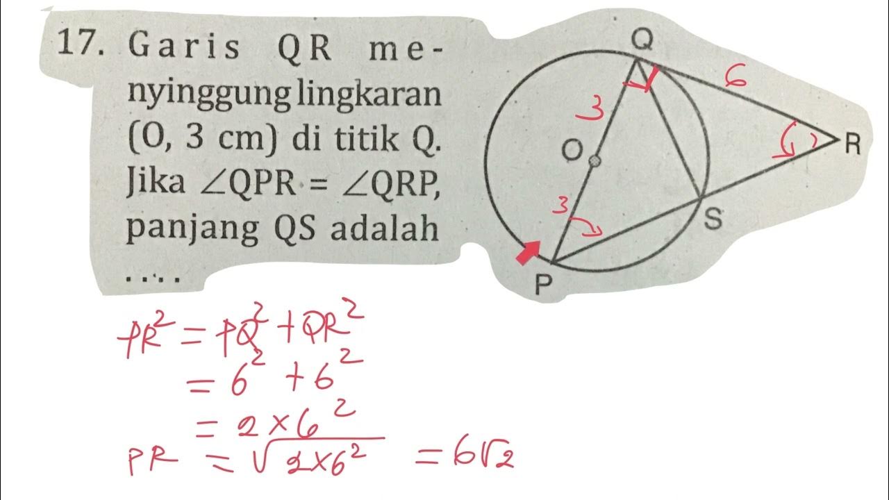 Garis qr menyinggung lingkaran (o,3 cm) di titik q,jika sudut qpr=sudut qrp,panjang qs adalah ...