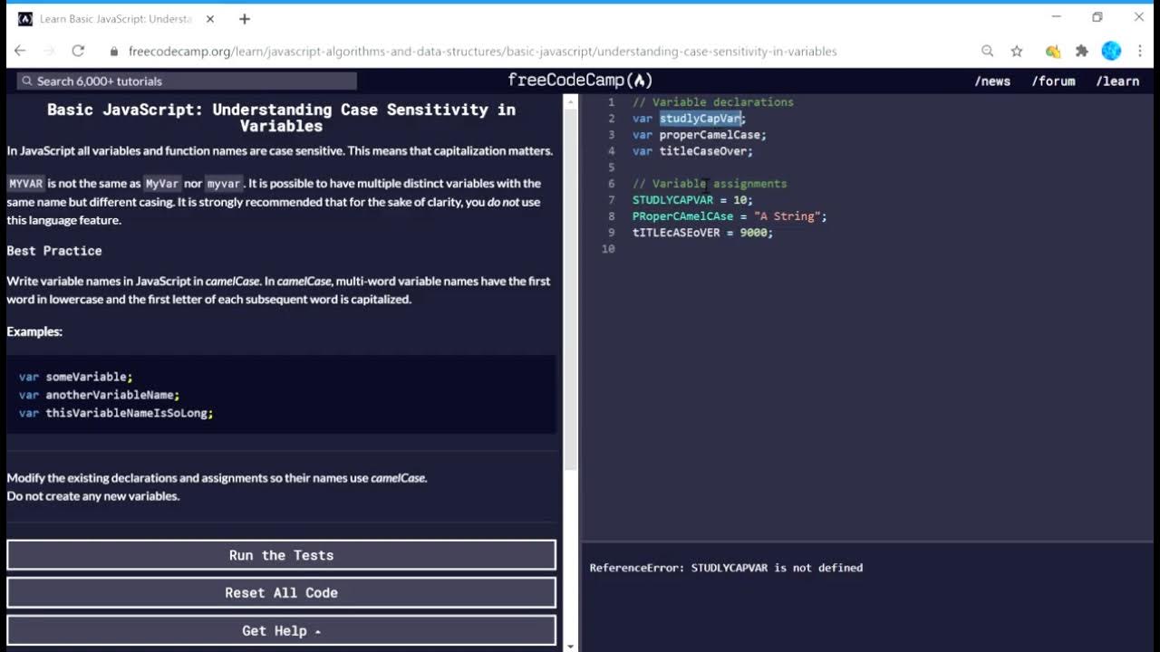 Basic JavaScript (7/111) | Understanding Case Sensitivity in Variables | freeCodeCamp - YouTube