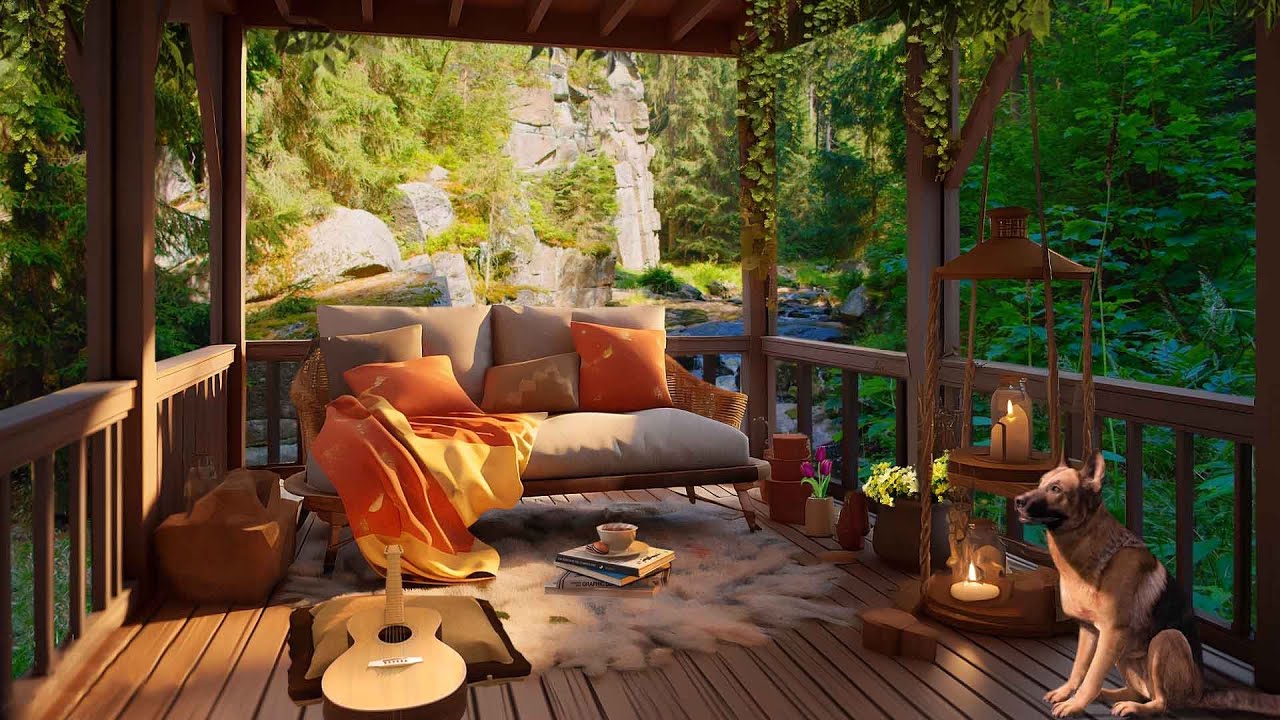 Summer Cozy Porch Ambience with Waterfall and River Sounds for ...