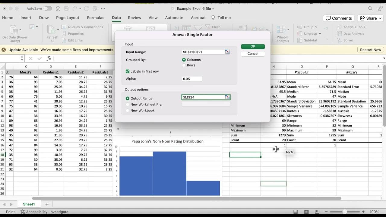 One Way ANOVA and checking Assumptions in Excel - YouTube