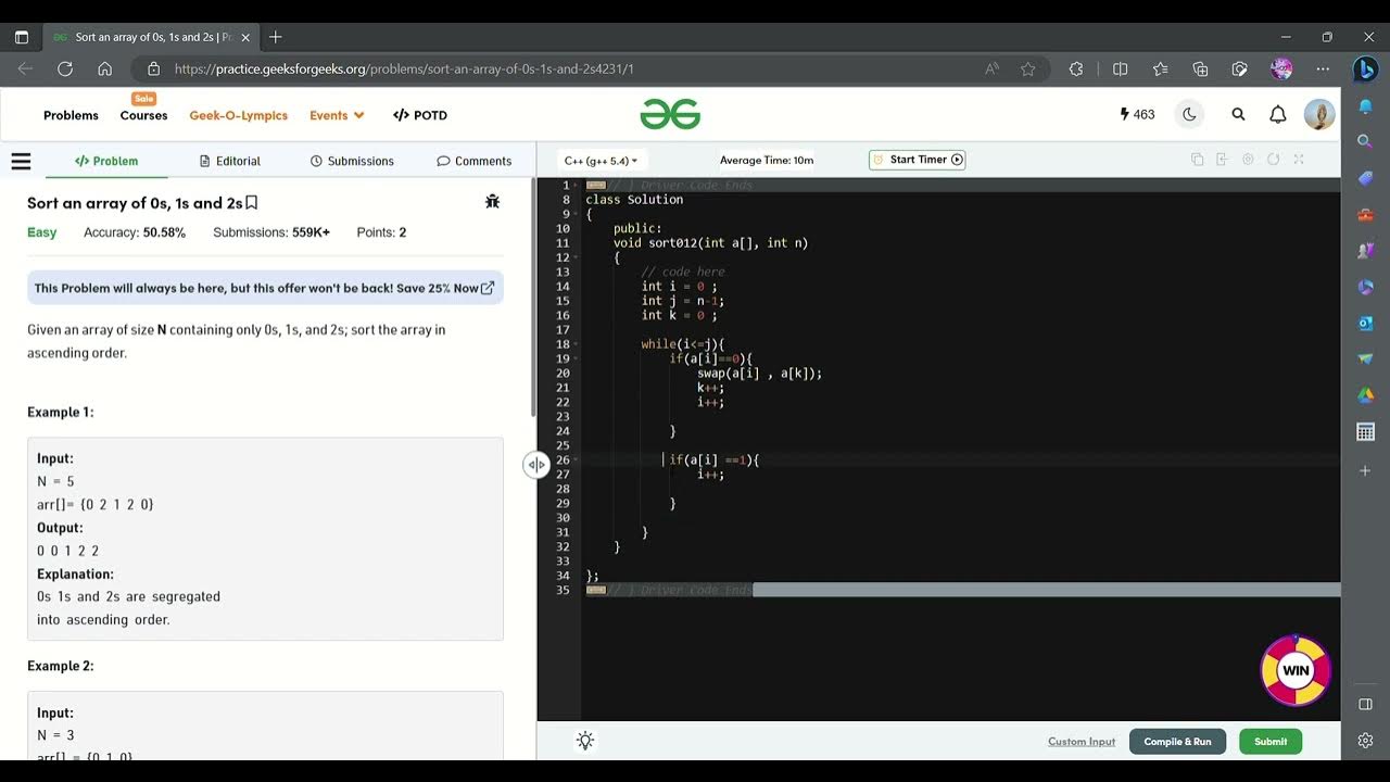 Sort An Array Of 0s 1s And 2s Practice Geeksforgeeks Youtube