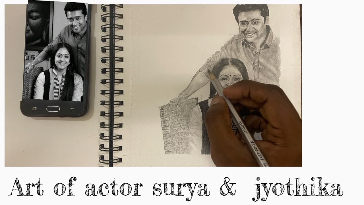Art of surya & jyothika drawing || free hand drawing || using charcoal ...