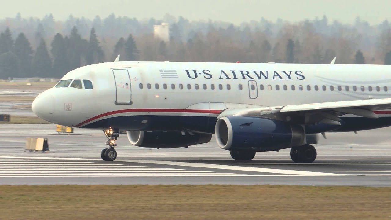 US Airways Airbus A319-132 [N806AW] takeoff from PDX - YouTube