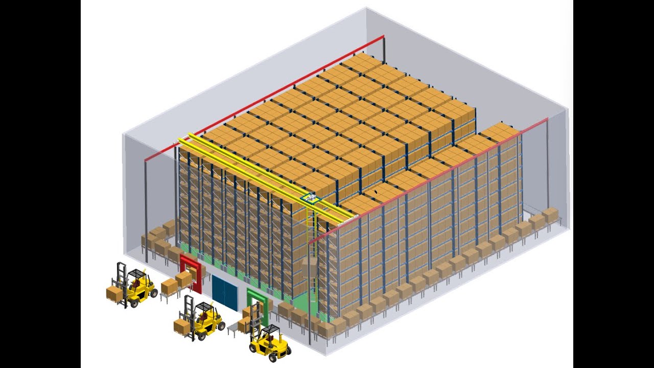 Overhead Stacker Crane Stores Pallet Loads Over Mobile Racks In Cold ...