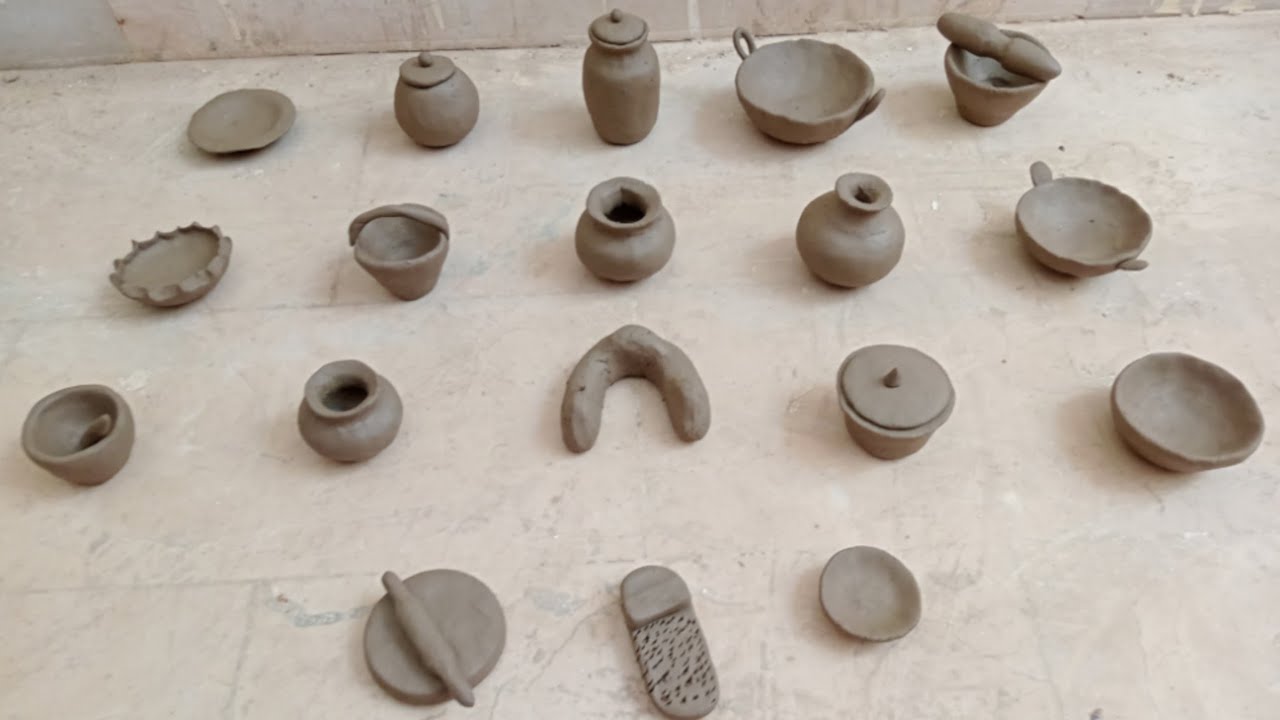 Miniature clay Pots with Clay work | Mini Clay Kitchen House ...