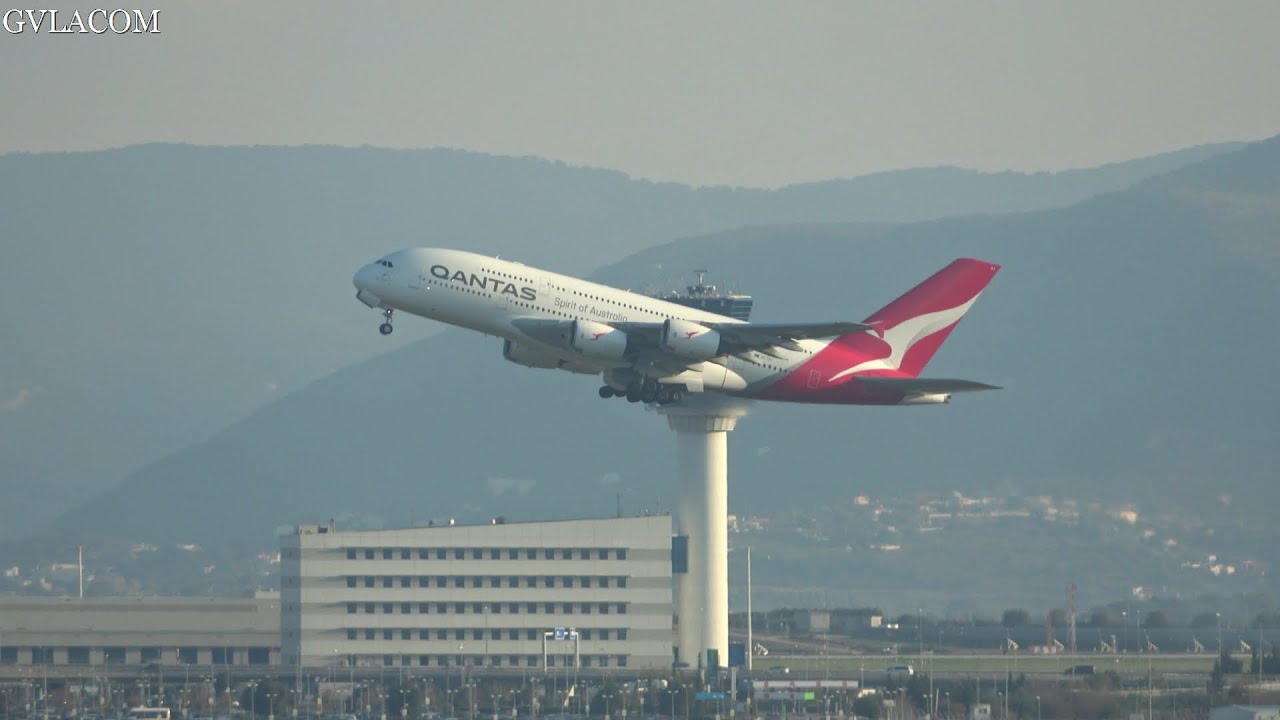 Qantas Airbus A380 take off Athens Airport - YouTube