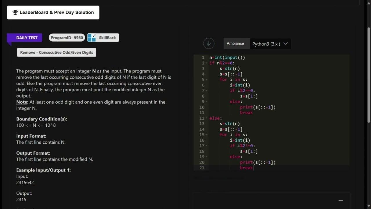 SKILLRACK | DAILY TEST || 22/10/23 ||REMOVE-CONSECUTIVE ODD/EVEN DIGITS ...