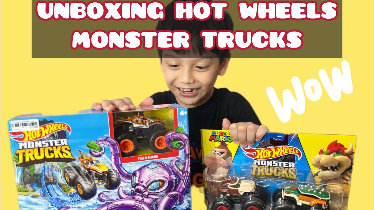UNBOXING HOT WHEELS MONSTER TRUCKS TIGER SHARK+OCTO SLAM DAN SUPER ...