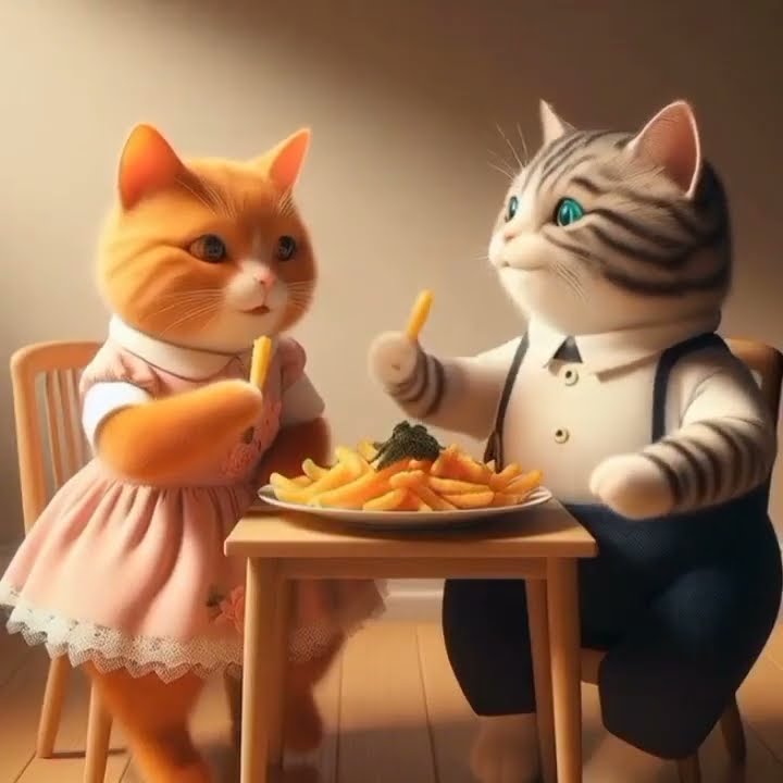 CAT have ROMANTIC DINNER-COUPLE CAT-CAT DINNER-CAT EATING FRENCH FRIES ...