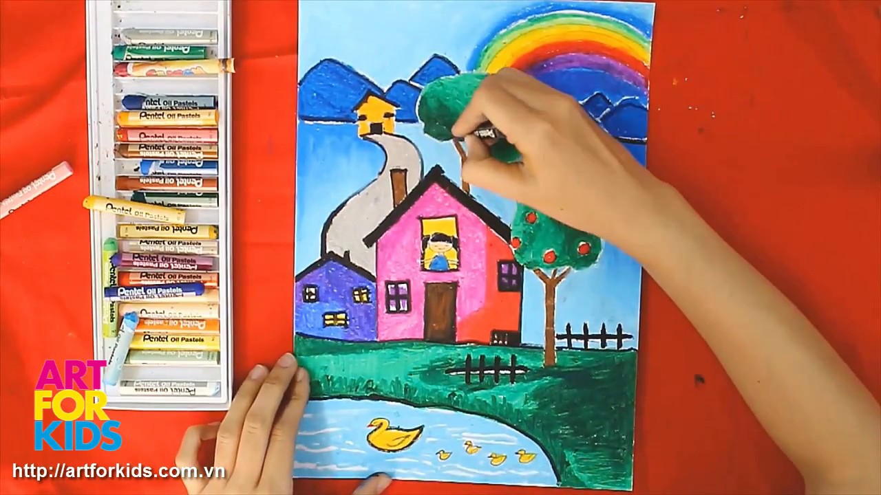 How to draw basic house by oil pastel - YouTube
