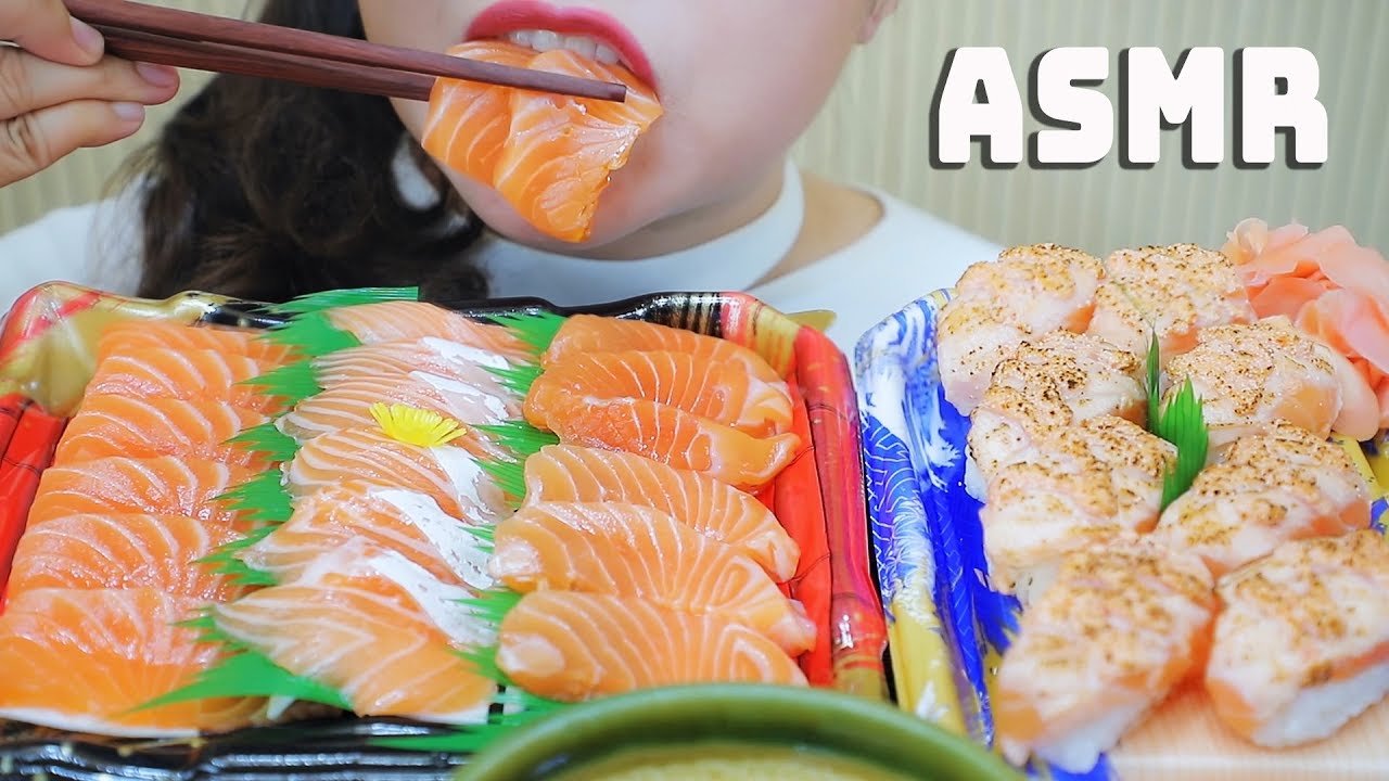 ASMR SALMON PLATTER (SALMON SASHIMI + TORCHED SALMON SUSHI WITH ROE ...