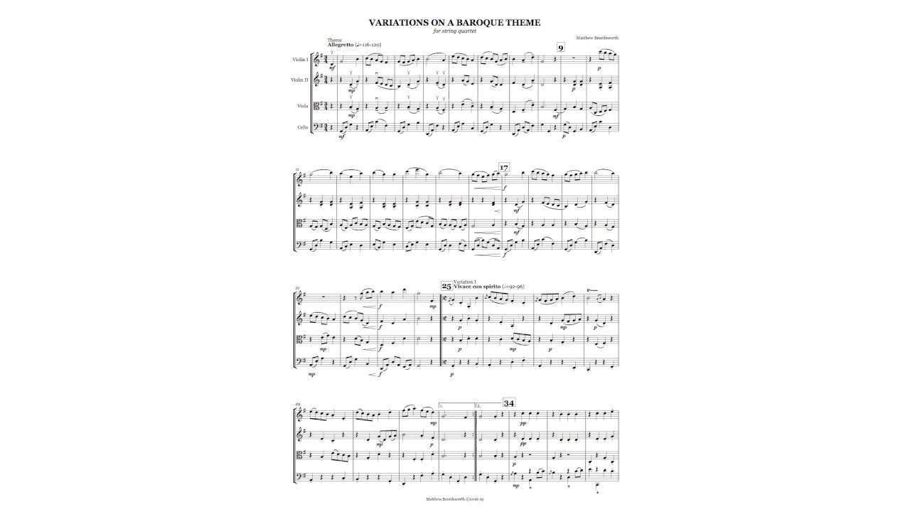 VARIATIONS ON A BAROQUE THEME for String Quartet | Beardsworth, M - YouTube