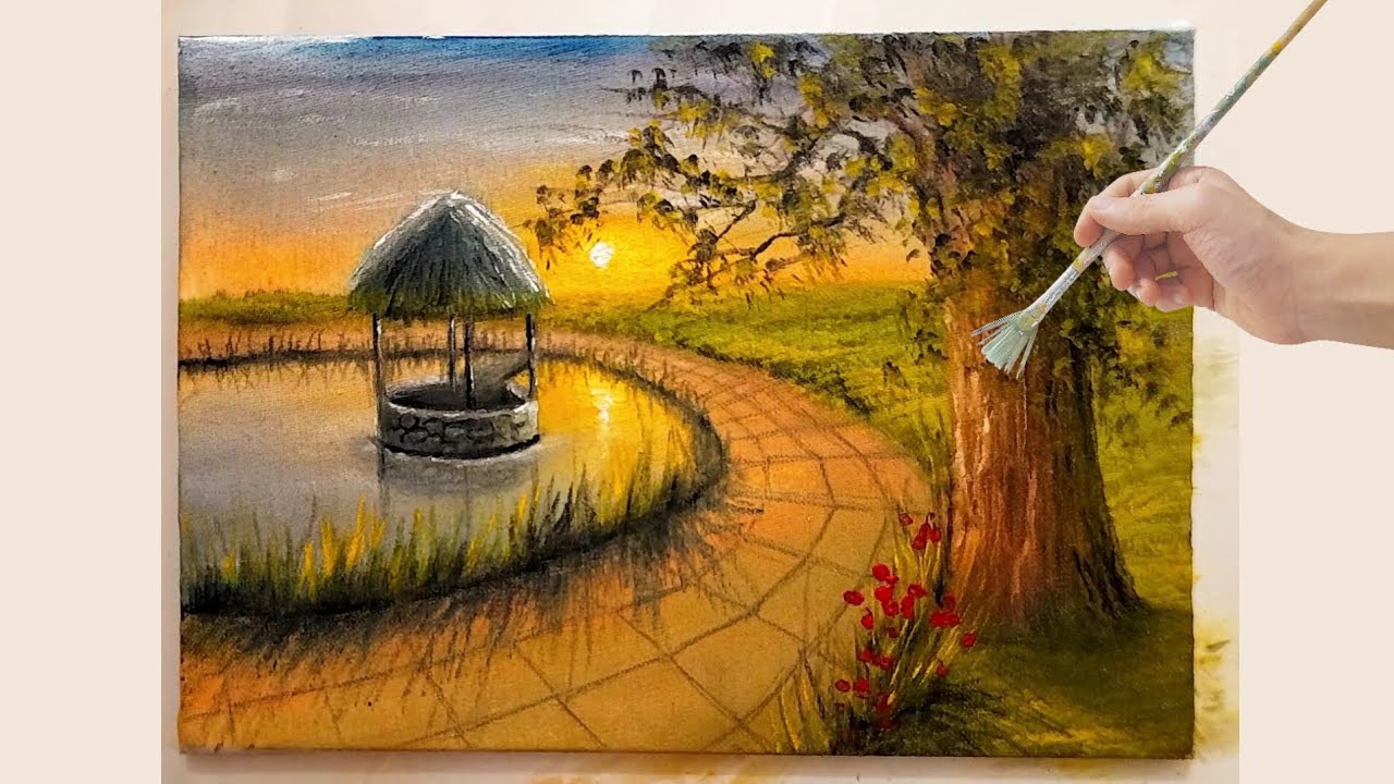 How to paint a gazebo on the lake on a sunny day / step by step Acrylic ...