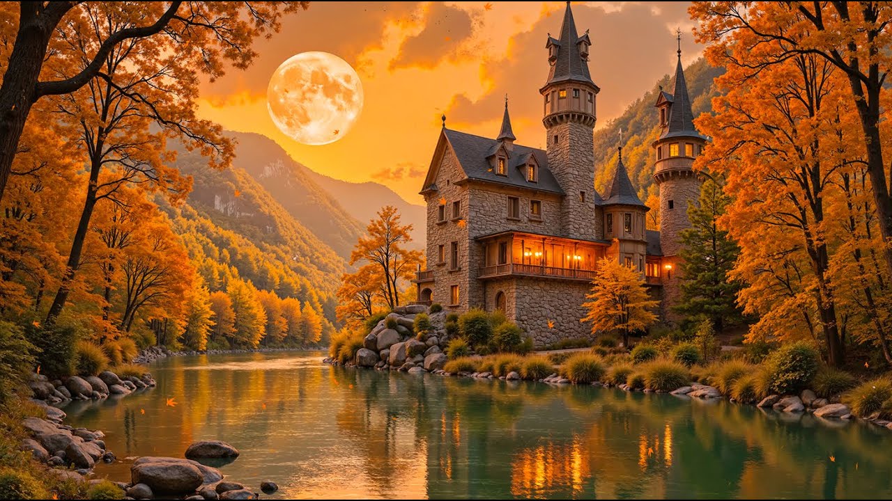 Peaceful Autumn Night Castle 🍁 Cozy Fire & River Sounds for Deep ...