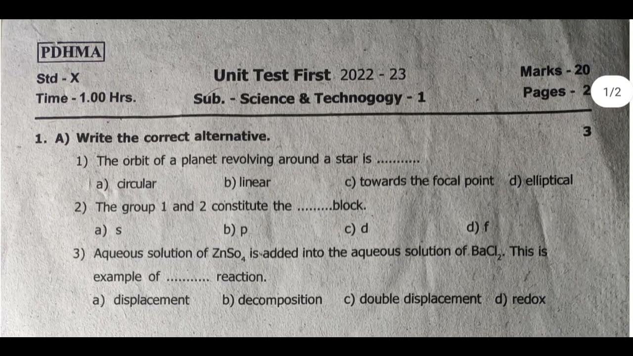 10th Science 1 Unit Test-1 imp Question Paper,1-2022-2023 ...