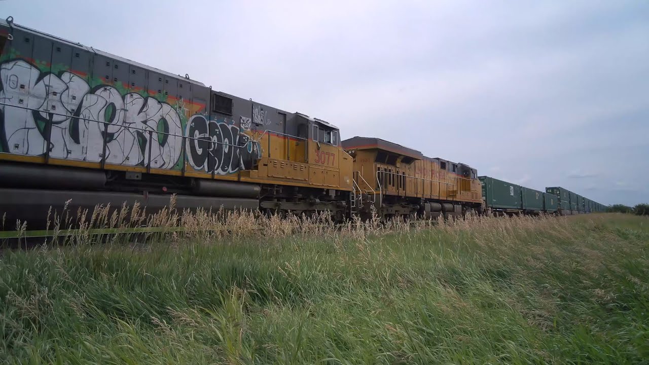 UP 3077 with graffiti on the Spine Line - YouTube