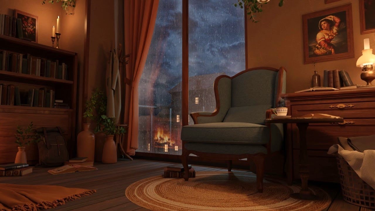 Cozy Rainy Nook Ambience Fireplace On Window And Thunder Sounds Youtube