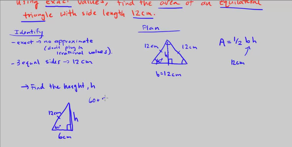 CPM Precalculus 2-86 - Finding the area of an equilateral triangle ...