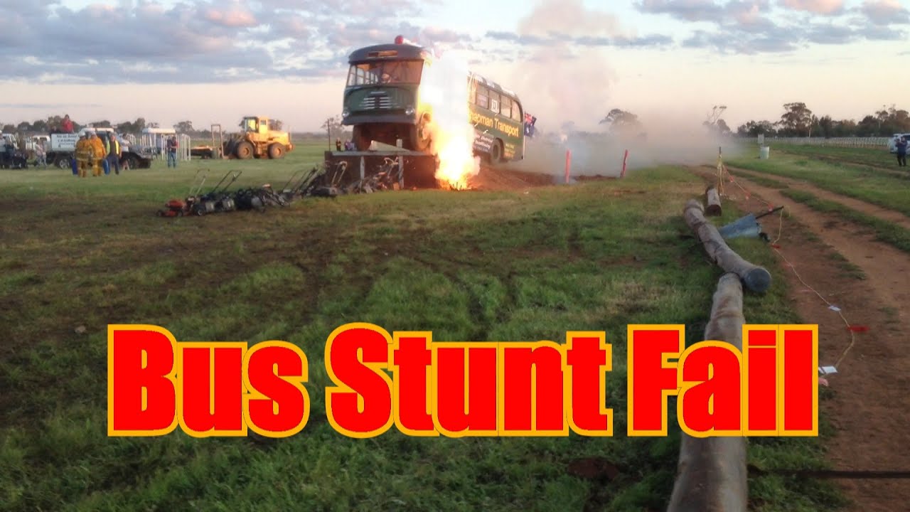 Stunt Bus jumping 20 lawnmowers fail - YouTube
