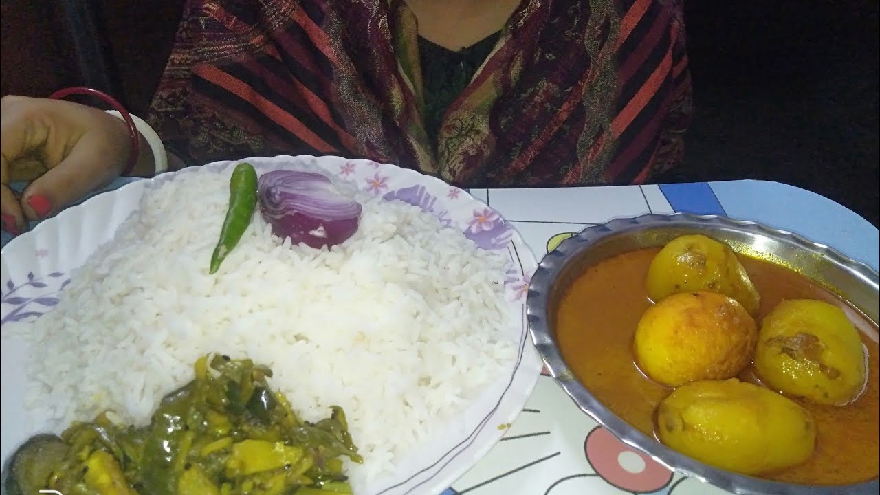 Eating rice, sabji vaja, egg curry and salad - YouTube