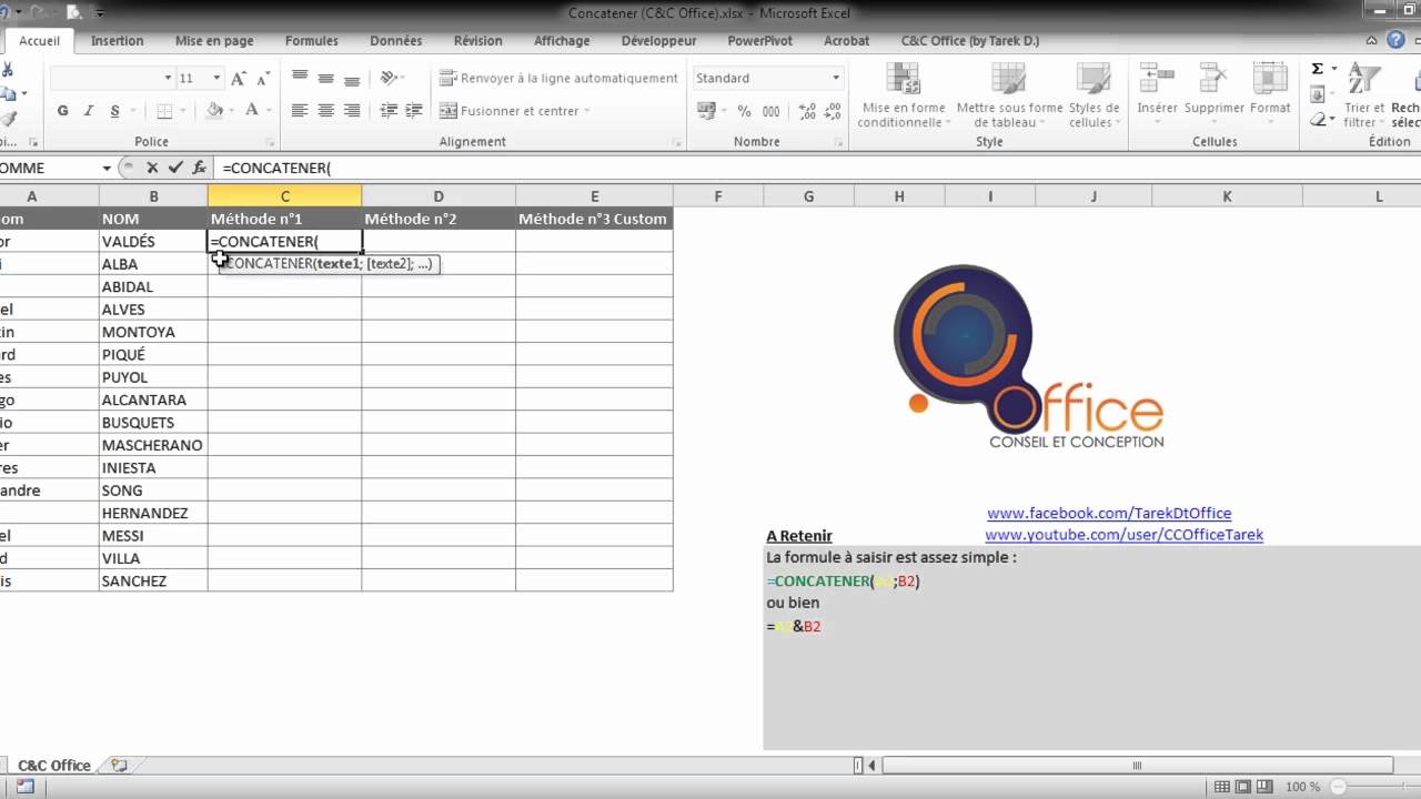 Leçon Excel N°1 : Formule Concaténer / Apprendre Excel grâce à C&C ...