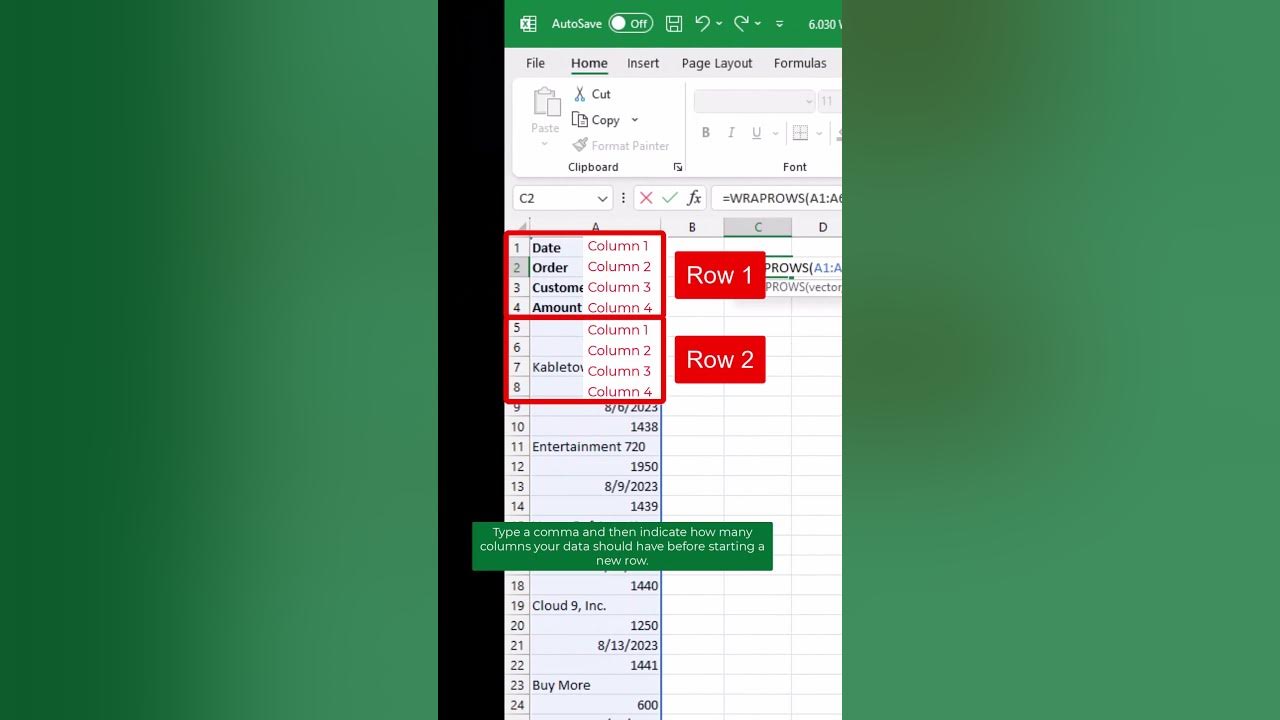 WRAPROWS function in Excel or Google Sheets #workhacks #excel #exceltips #spreadsheet - YouTube