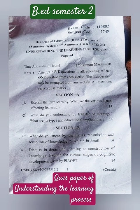 B.ed sem 2 Question Paper 2023(July)--Understanding the learning process - YouTube