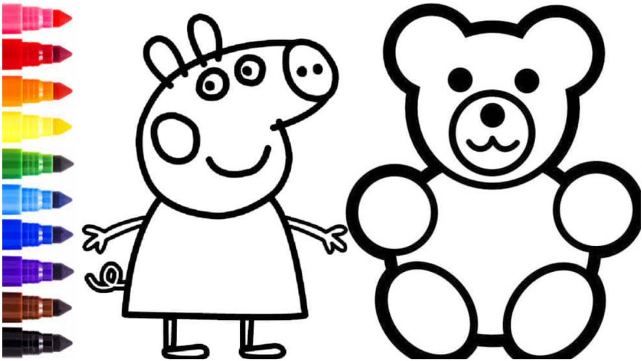 Peppa pig and bear drawing and coloring for kids and toddlers, Peppa ...