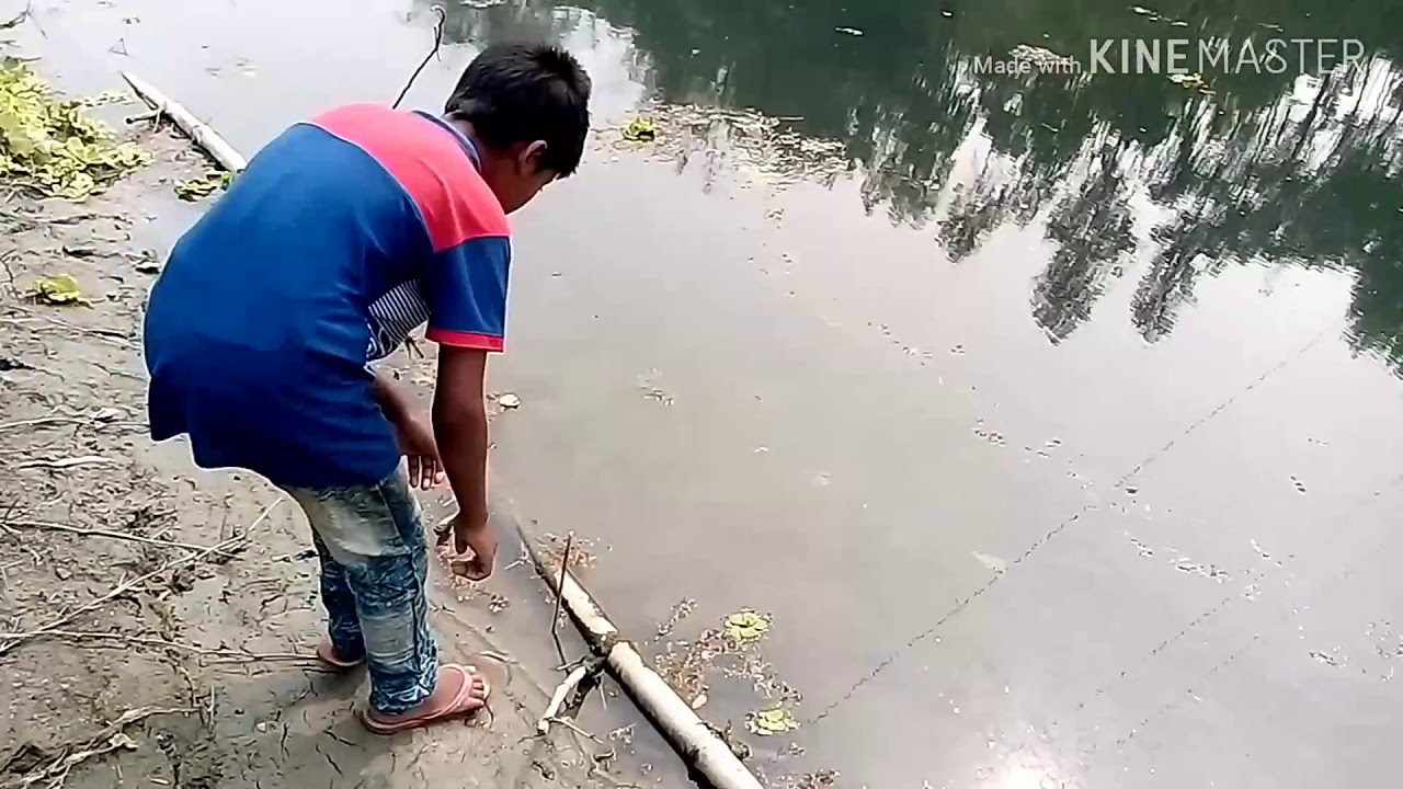 Primitive fishing by small boy in village river - YouTube