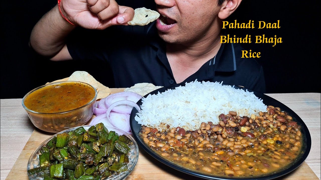 Eating Pahadi Mix Daal Rice, Bhindi Masala || Indian Food Eating Show ...