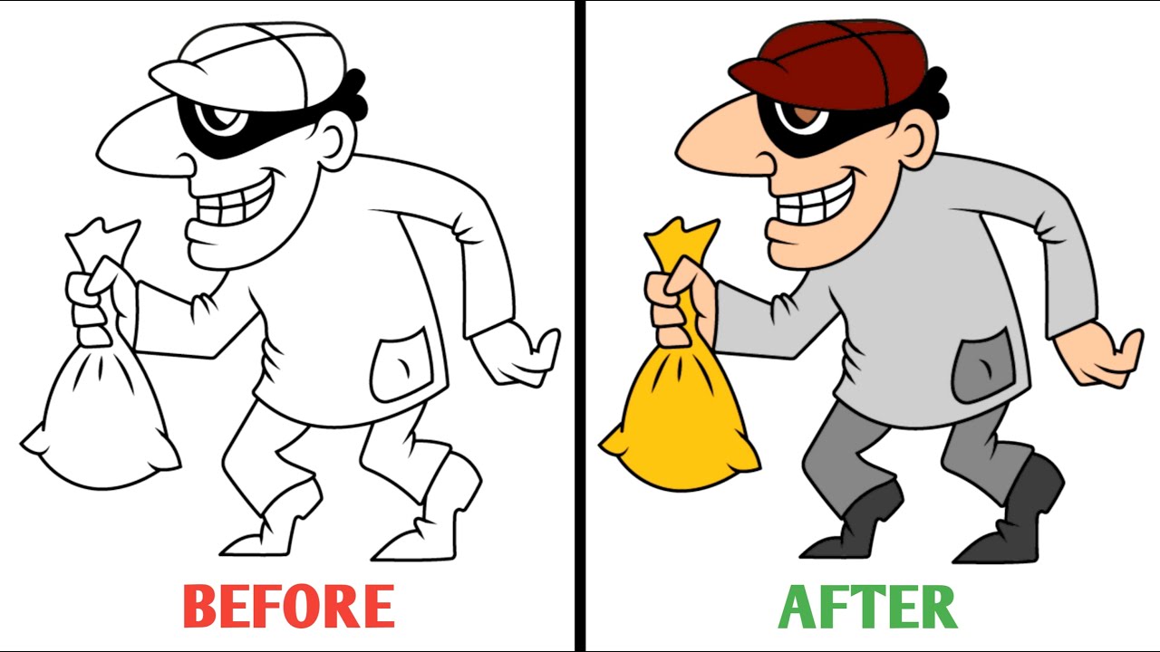People. Coloring book. Drawing a thief for kids. Before and After ...