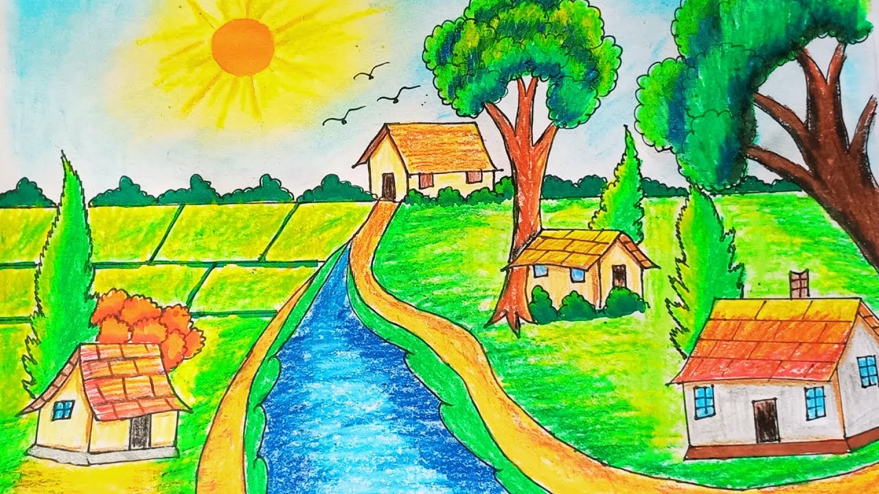 Village scenery drawing with paddy field || paddy field drawing ...
