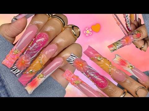 Hot Pink & Orange Tropical Nail Set Tutorial 🌸🍊