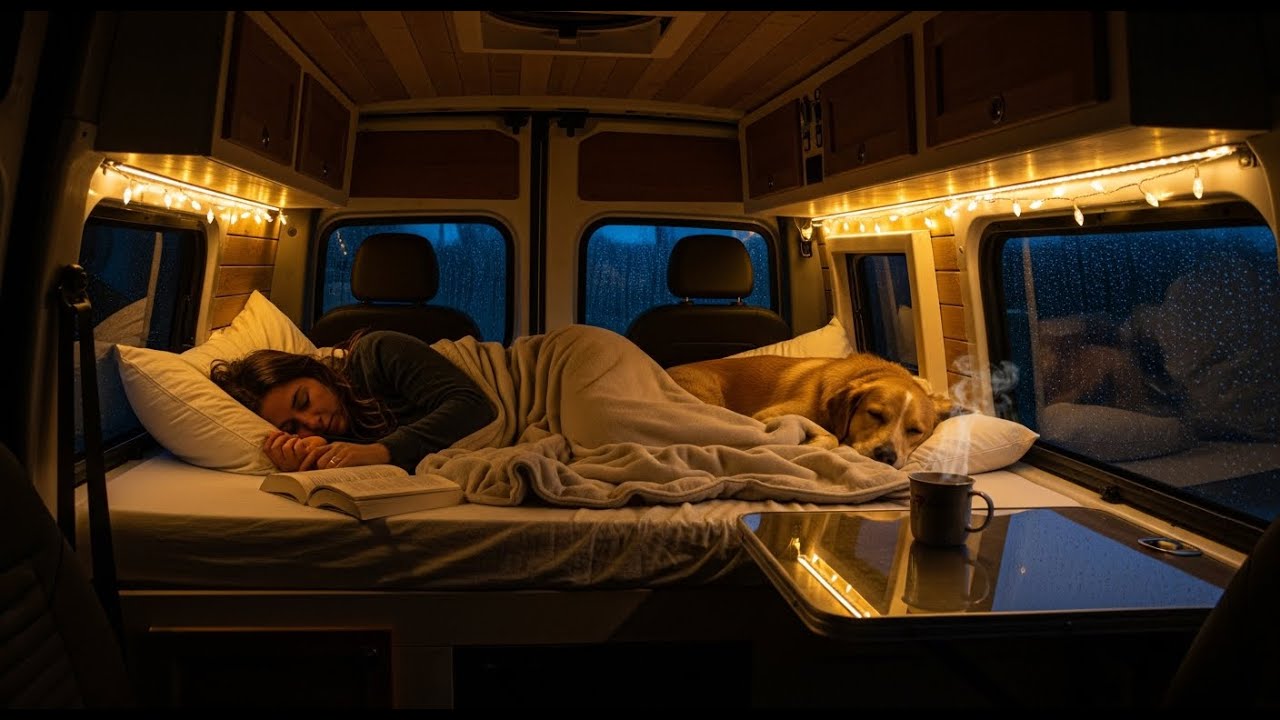 Cozy Van Life Night Interior with Sleeping Woman and Dog, Warm Lights ...