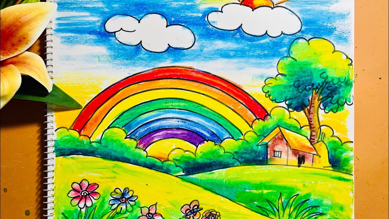 How to draw Rainbow scenery/drawing rainbow in the village scenery step ...