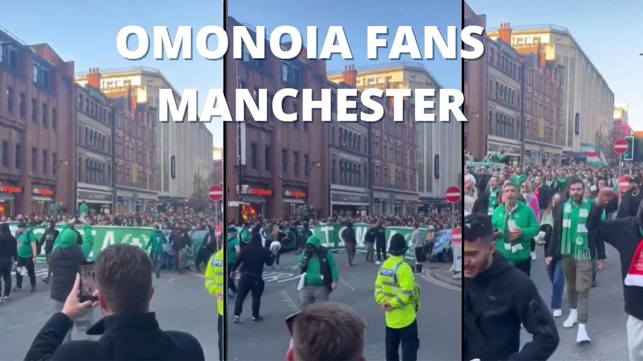 Omonoia fans marching in Manchester towards Old Trafford! Man United vs ...