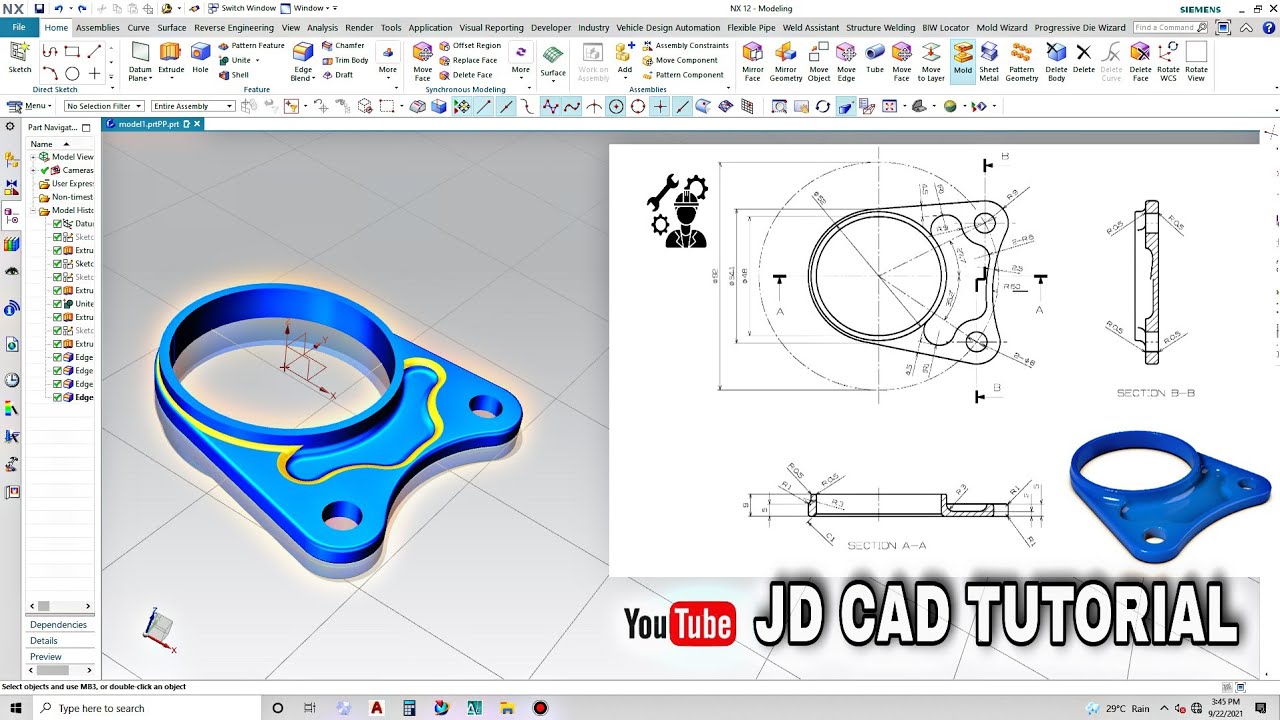 Siemens nx12 cad tutorial 3D modelling basic exercise.4 - YouTube