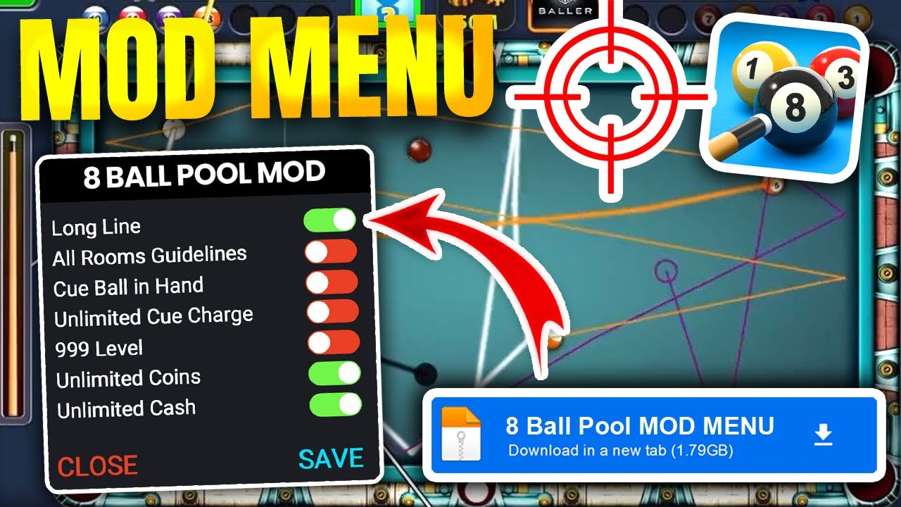🔴 8 Ball Pool MOD Menu Líneas Largas, Dinero Infinito y Max Power en 8 ...