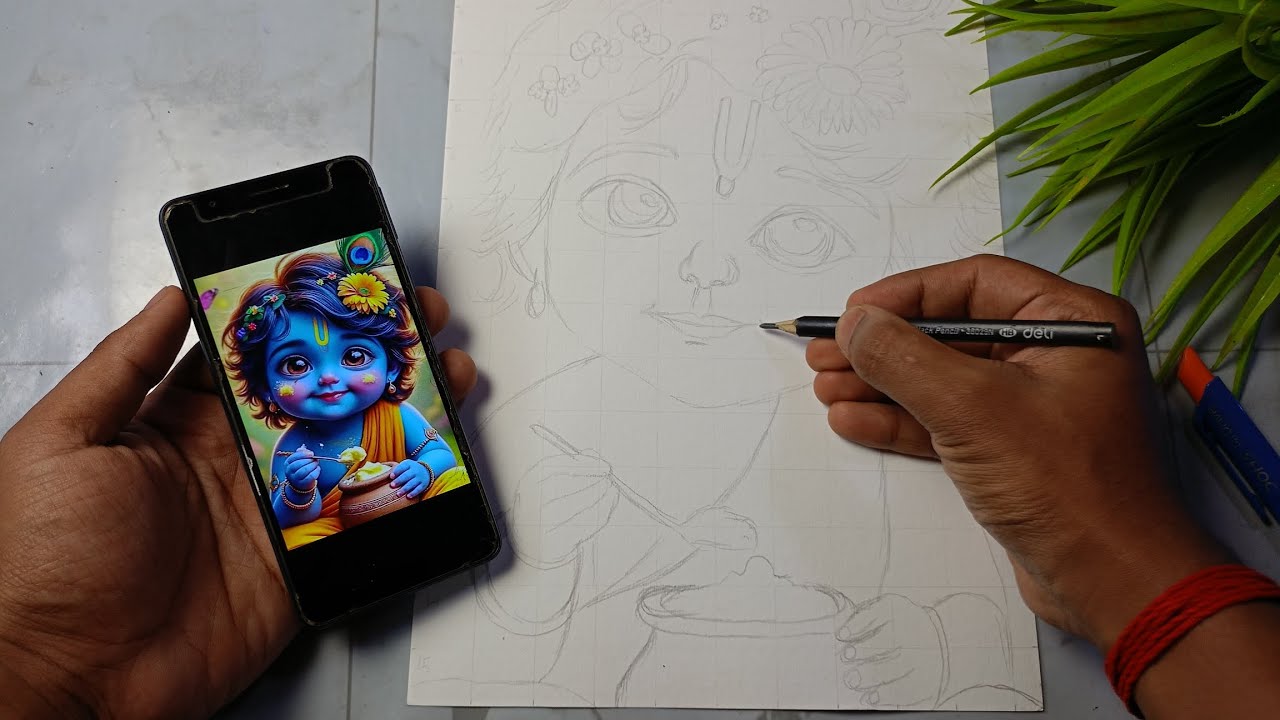 How to draw Cute Krishna outlines with grid method Step by step🥰💝 #art ...