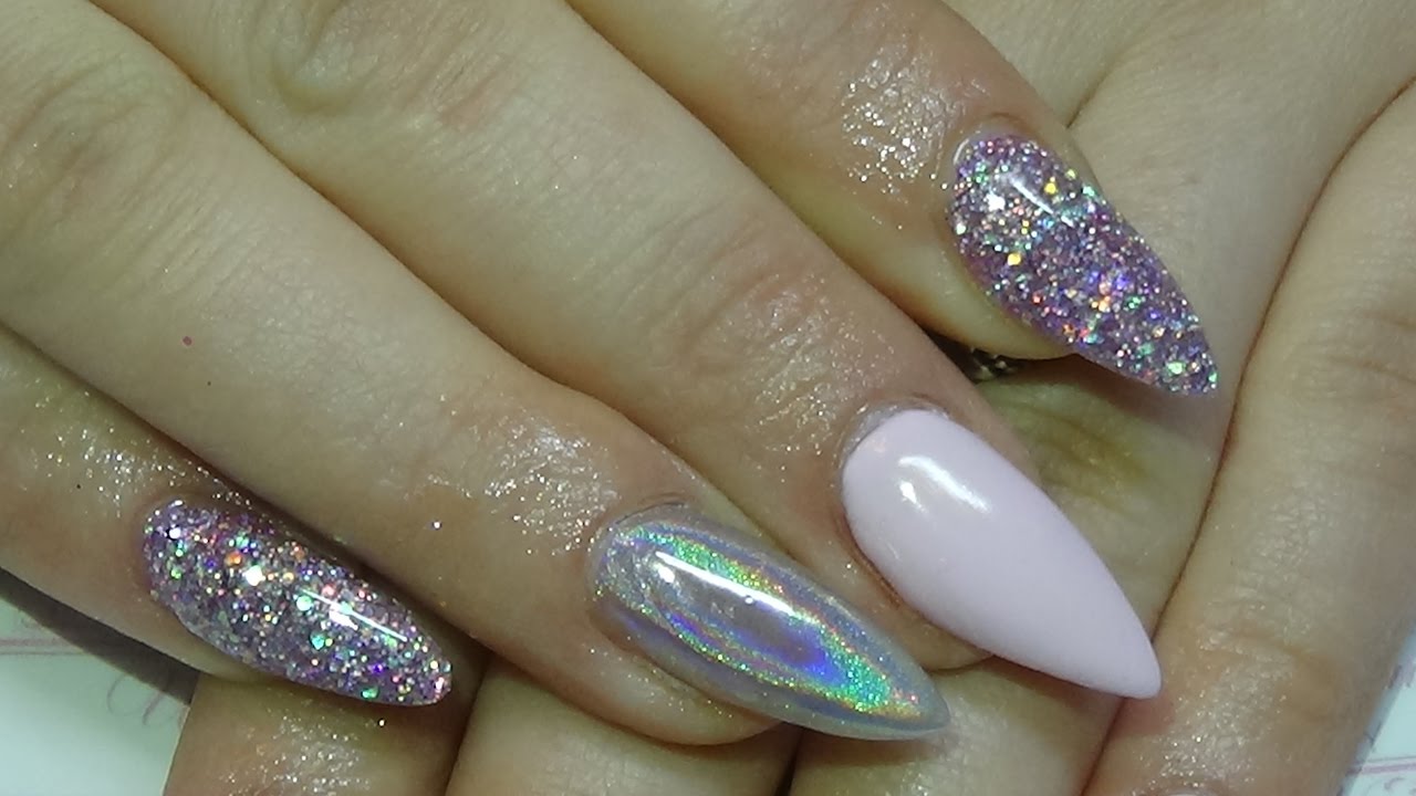 pink & holo acrylic nails using candy coat polish - YouTube