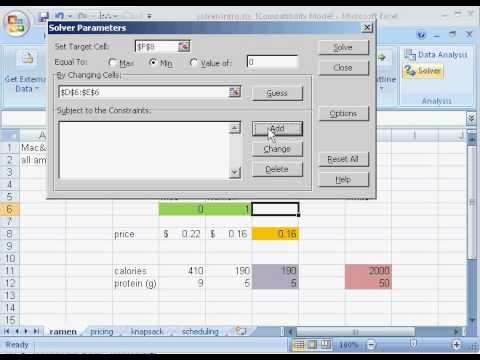 Setting up and solving the Diet Problem linear program in Excel 2007 ...